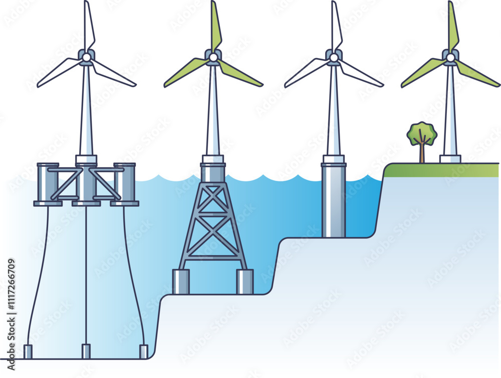 Illustration of various wind turbine types: floating, offshore, and ...