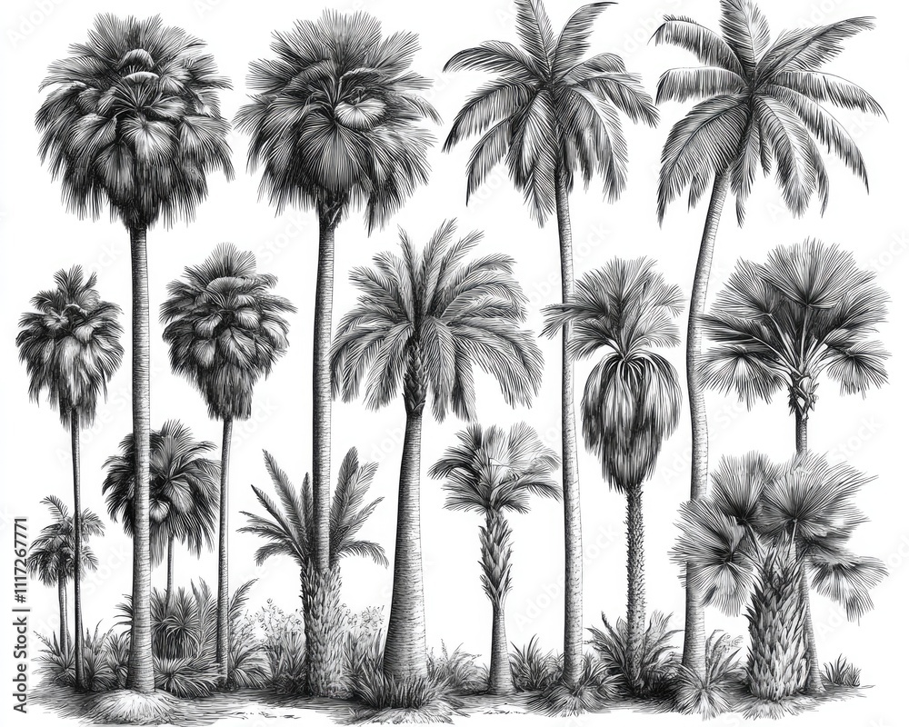 Black and white illustration of palm trees. Perfect for creating ...