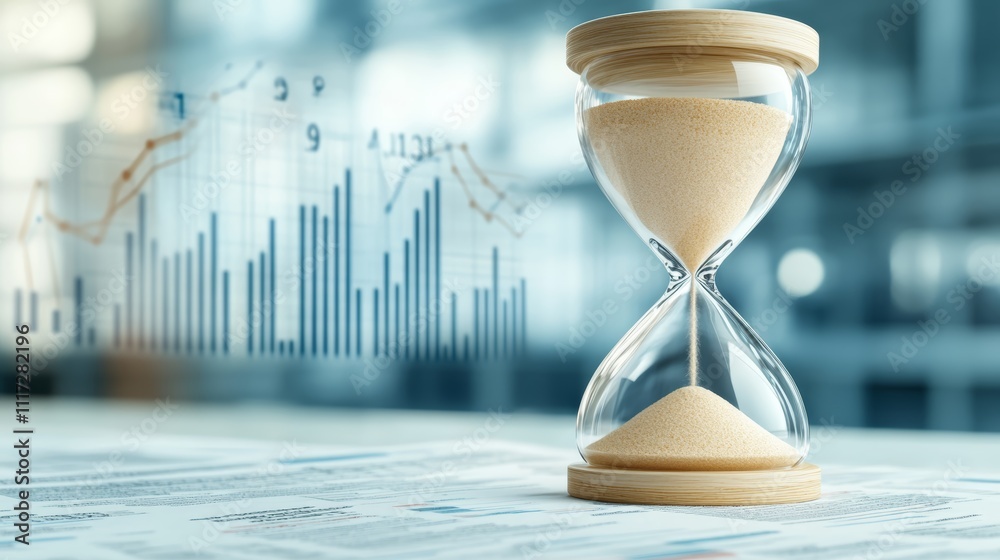 Hourglass on table with chart background, visualizing time management ...