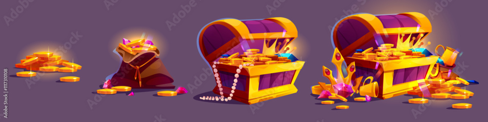Growing gold and diamond treasure pile. Cartoon game assets of gems and ...