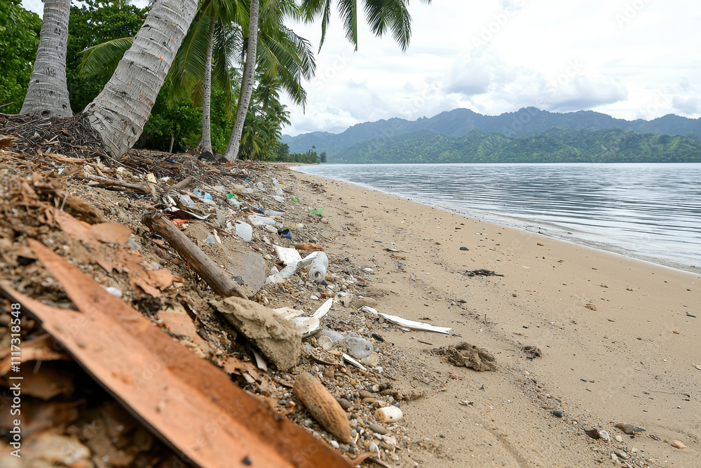 Littered beach with plastic waste and debris, highlighting pollution ...