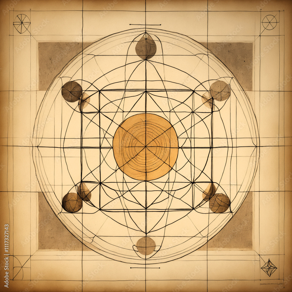 Sacred geometry art featuring the Cube of Life on aged paper ...