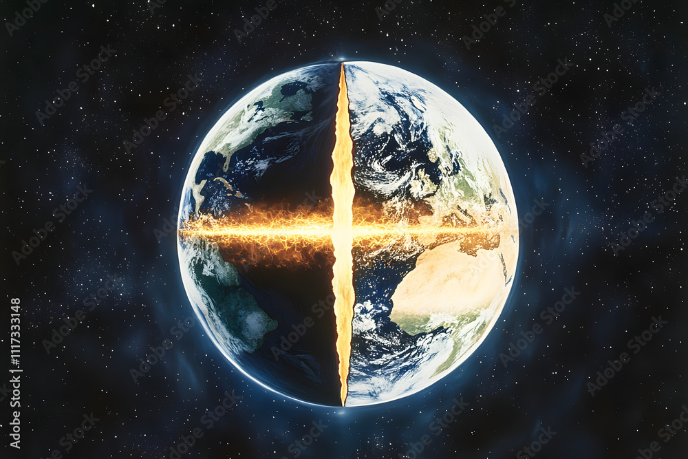 Earth splitting in space with fiery cracks, apocalyptic destruction ...