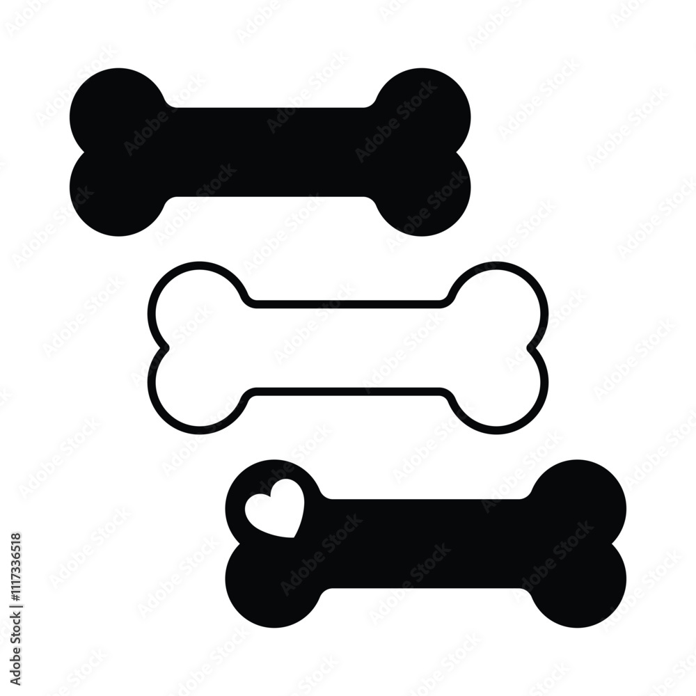 Dog bone icons, dog bone vector illustrations, bone with heart symbol ...