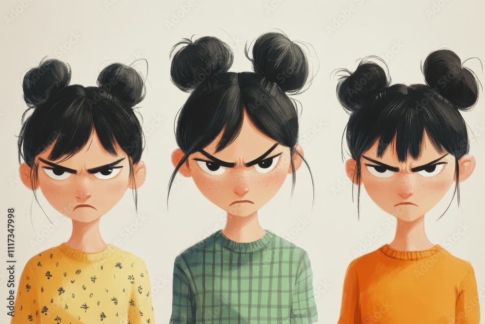 Cartoon characters of young girls with similar hairstyles all having ...