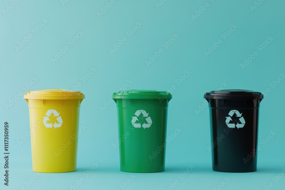 Three color coded recycling bins lined up against a soft blue background Stock Illustration ...