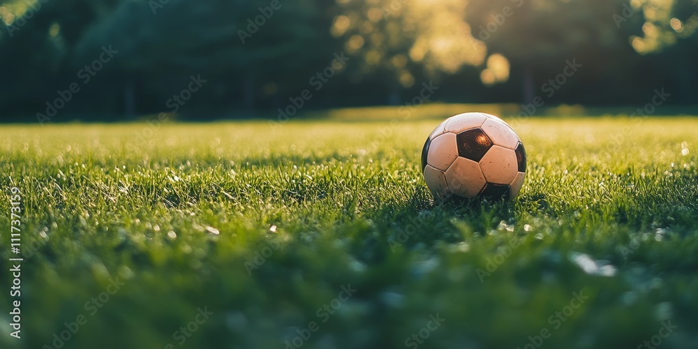 Soccer ball rolling across vibrant green grass, showcasing motion and ...
