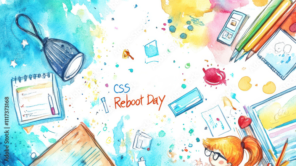 CSS Reboot Day Creative css reboot day celebration with colorful art supplies and watercolor ...