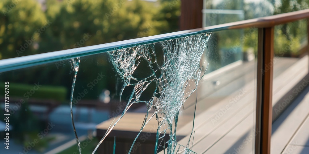 Damaged tempered glass fence featuring a broken glass panel and ...