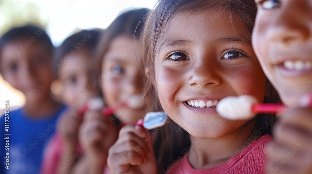Happy children brushing their teeth together, smiling brightly. This ...