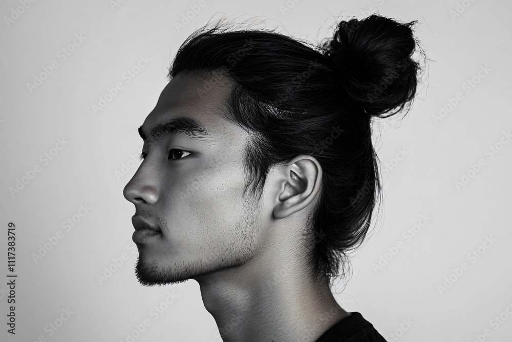 Profile of a young asian man sporting a stylish man bun hairstyle ...