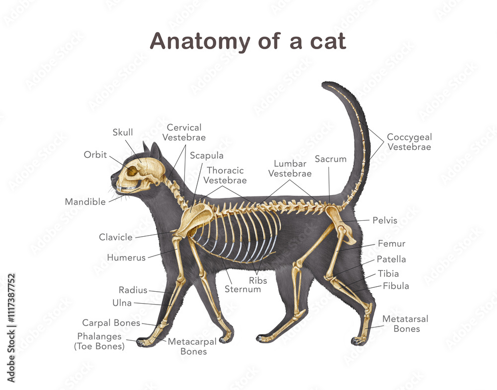 Cat skeleton with body silhouette. Realistic detailed illustration ...