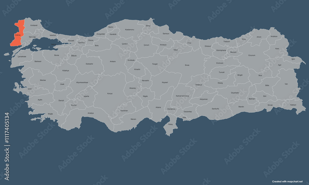 Map of Turkey Highlighting Edirne Region with Labeled Provinces Stock ...