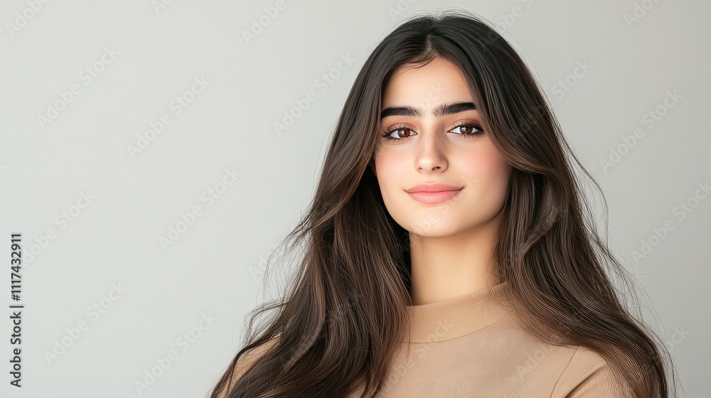Elegant Middle Eastern woman with lustrous flowing hair displays ...