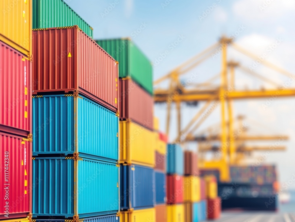 Colorful shipping containers stacked at a bustling port, showcasing the ...