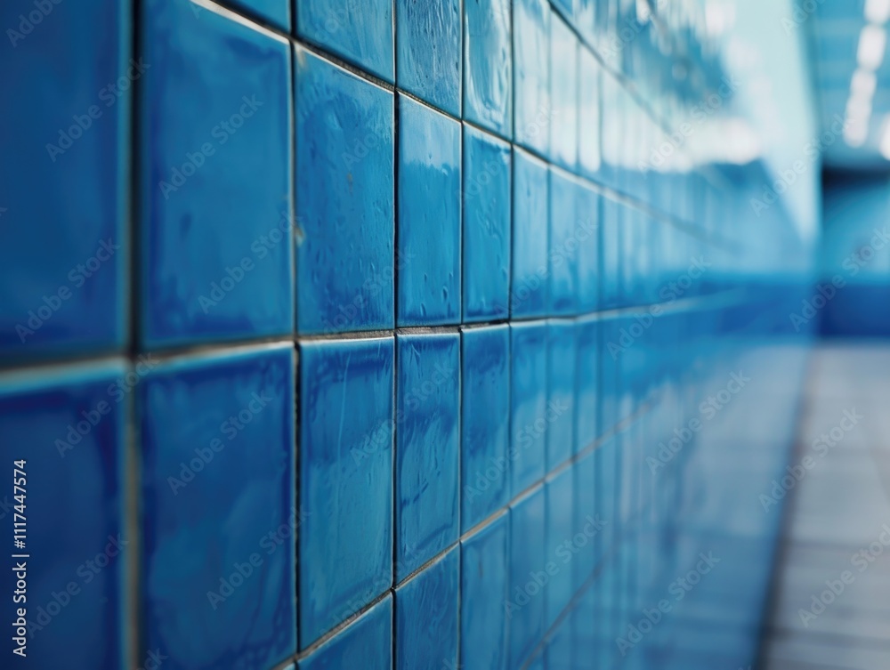 The image features a close-up of bright blue tiles with grout lines ...