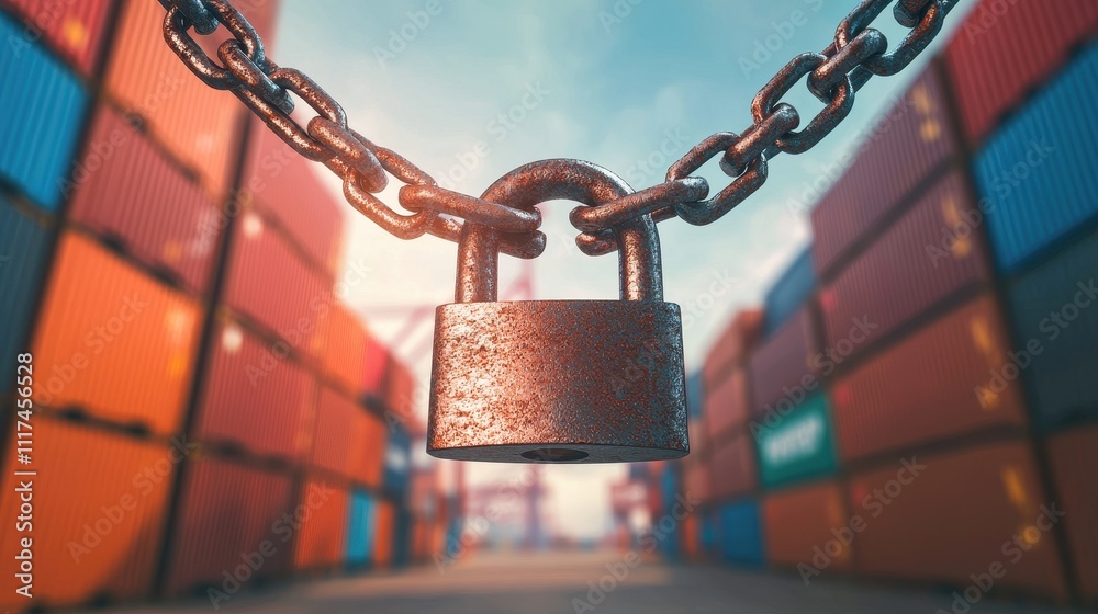 Foto de Stock Large rusted padlock with chains in front of blurred ...