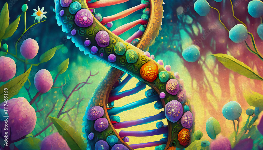 Oil painting style cartoon illustration DNA gene helix spiral molecule ...