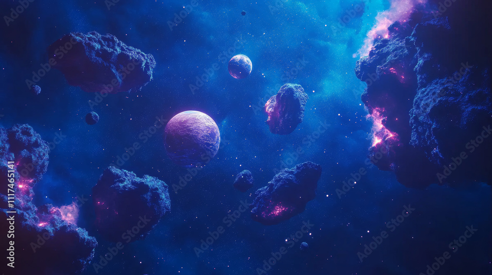 Blue outer space background with stars and nebula, neon glowing planets ...