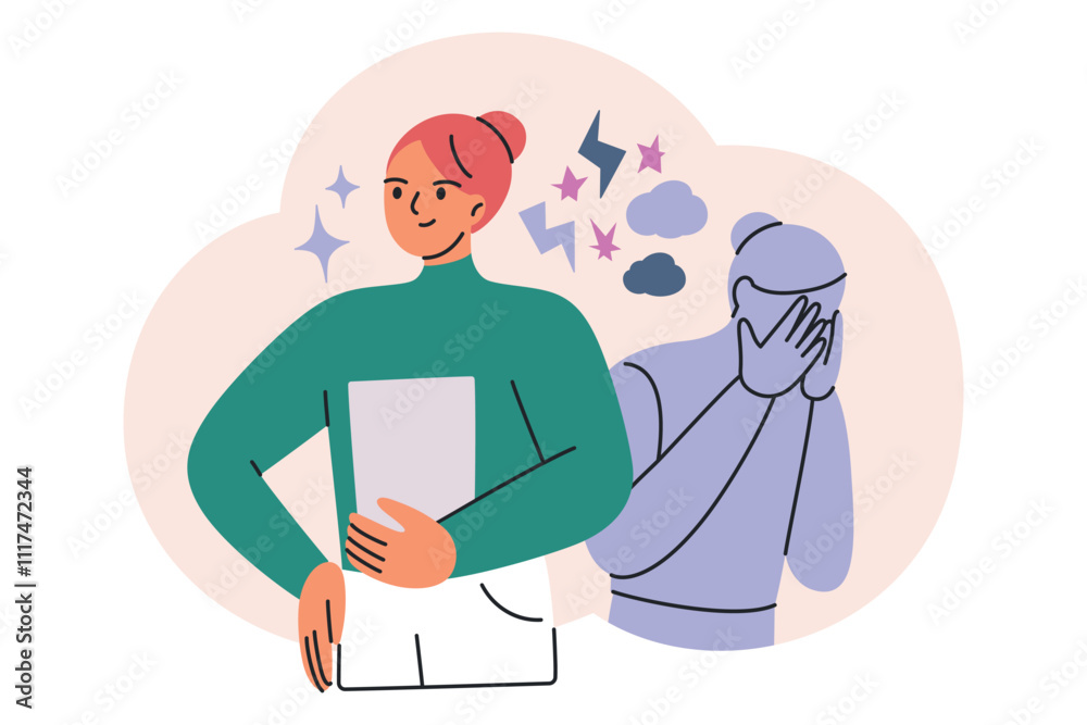 Vector illustration of imposter syndrome concept, confident woman and ...
