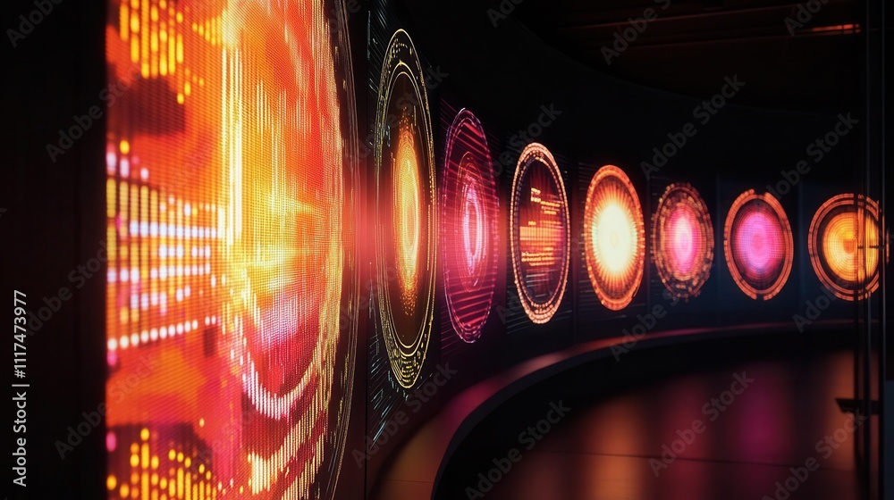Brightly lit display of circular data visualizations, set in a dynamic angle with contrasting ...