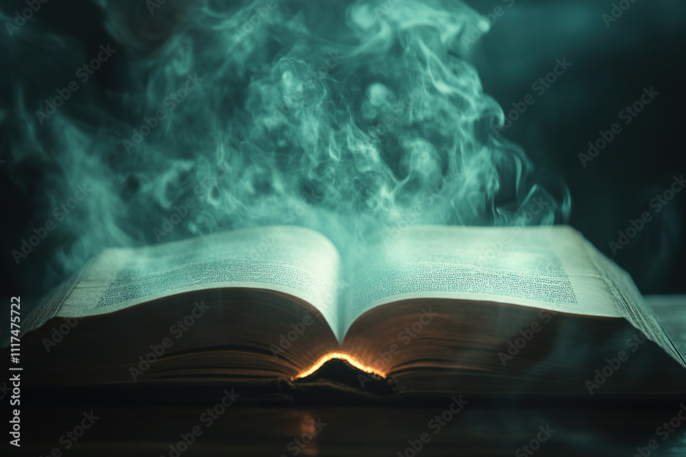 Mystical open book with sparks and smoke in a dark room with dramatic ...