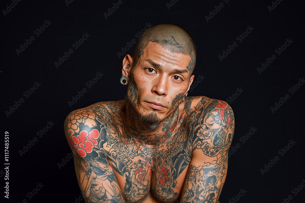 Yakuza male displaying intricate tattoos and an intense gaze captured ...