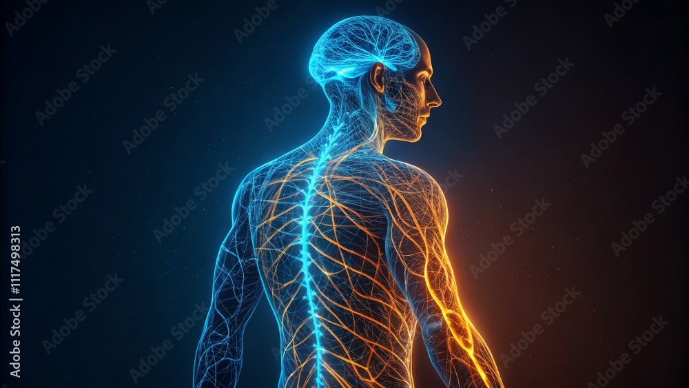 Side Profile Glowing Nervous System Anatomy, Blue and Orange, 3D Render ...