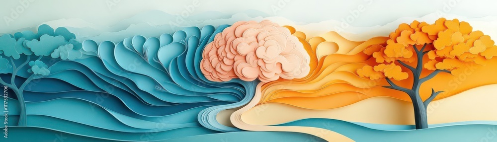 Craft a mesmerizing paper cutout depicting winding paths merging into a ...