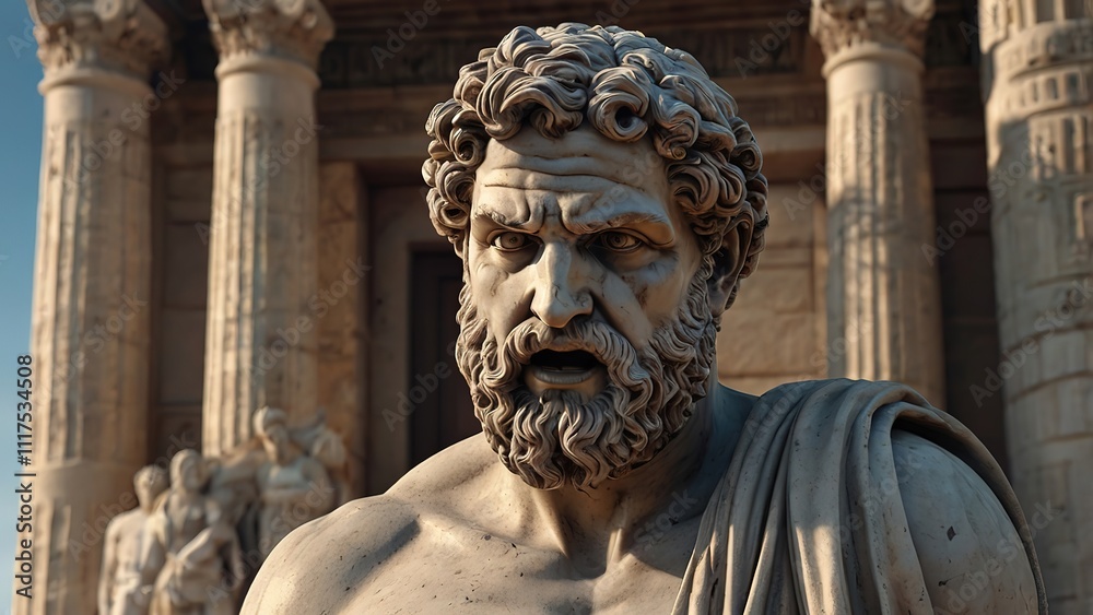 Greek statue of a man with a surprised expression, showcasing detailed ...