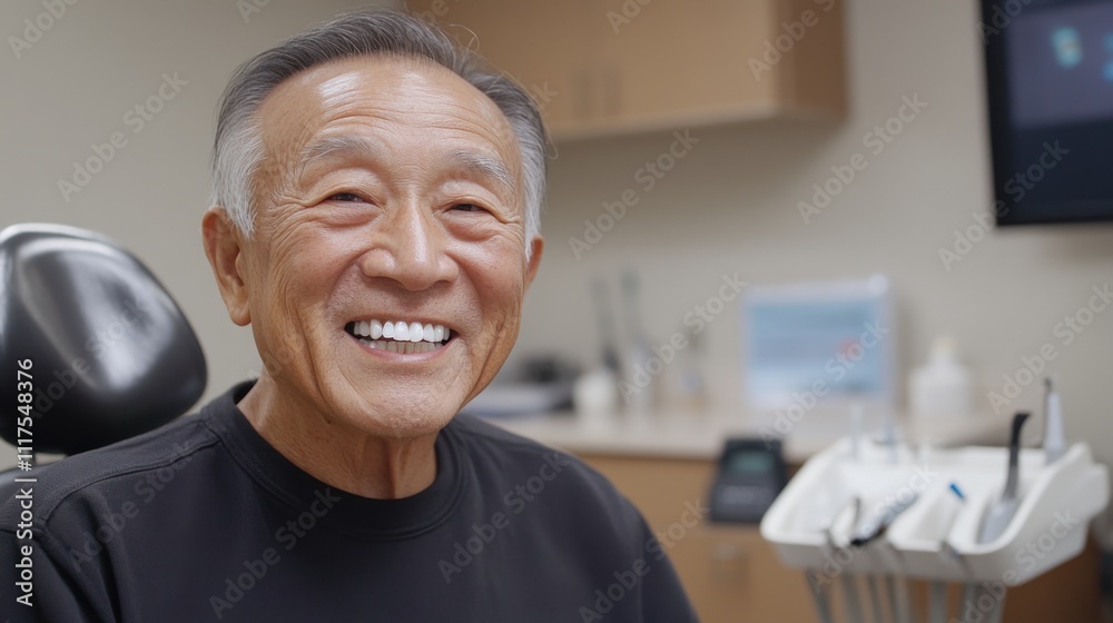 Smiling Asian senior man with perfect teeth after dentistry visit in ...