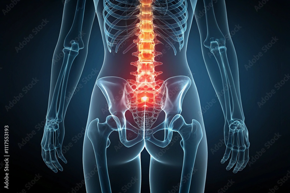 Medical illustration showing the human spine and pelvis with a ...
