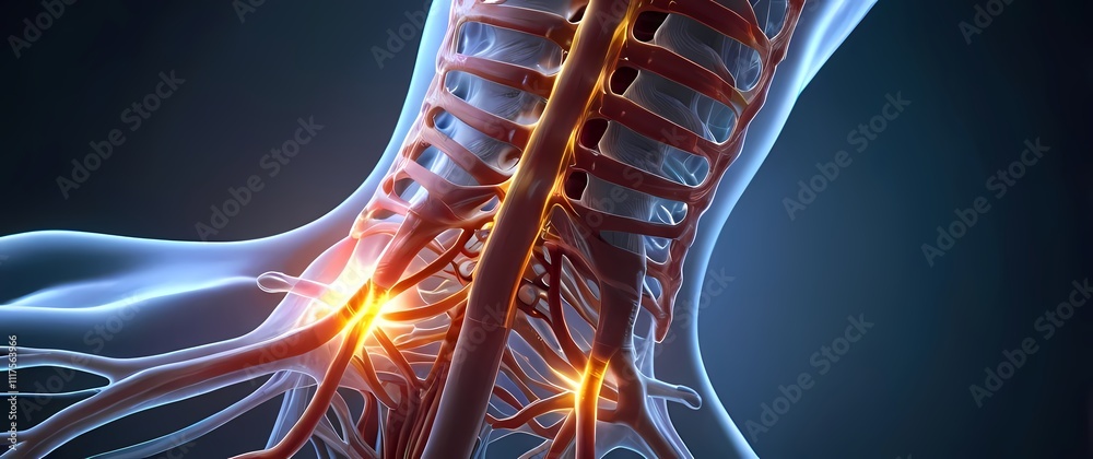 D rendering of a spinal cord showing nerves branching out to peripheral ...