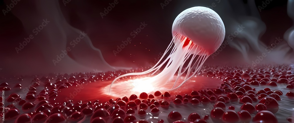 Illustration of a white blood cell attacking a pathogen amidst a stream ...