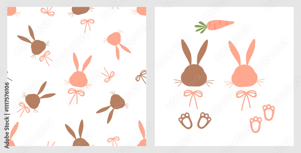 Seamless pattern with bunny rabbit cartoons and ribbon bows on white ...