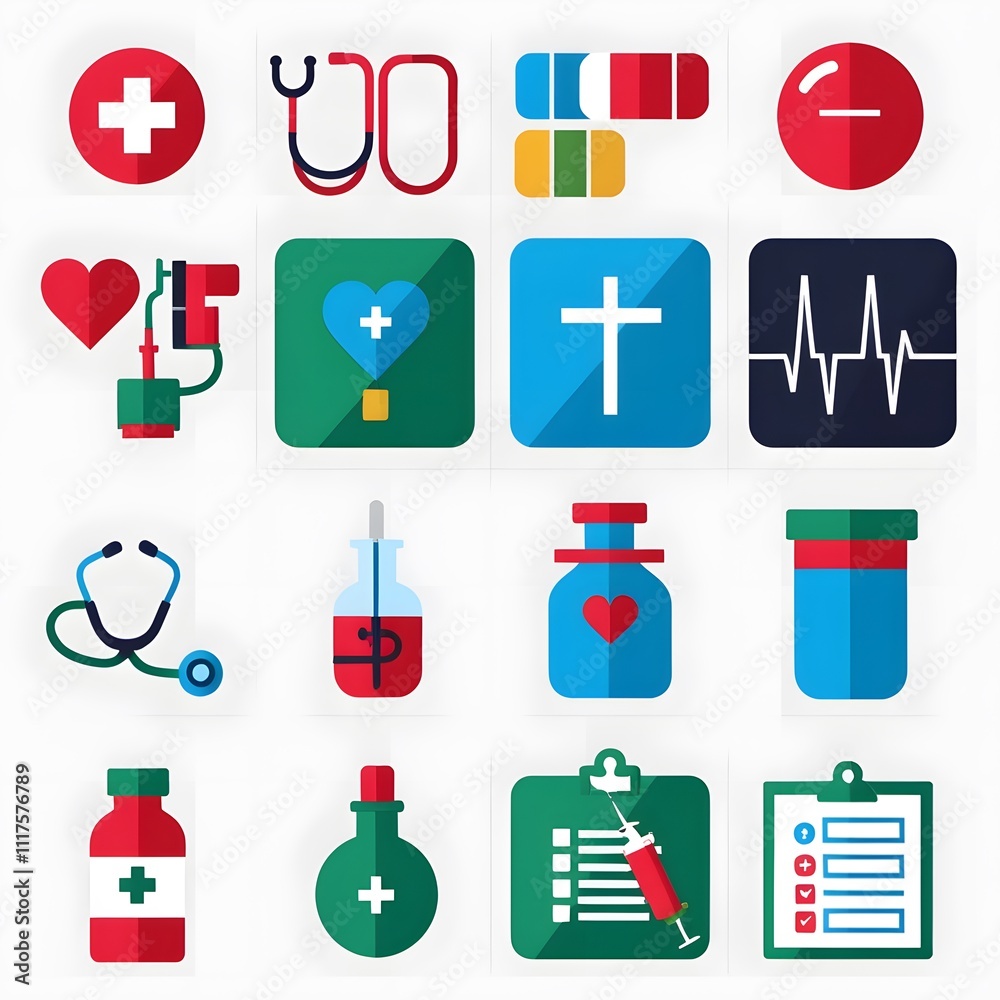 Collection of Flat Medical Icons Healthcare Symbols: Cross, Heart ...
