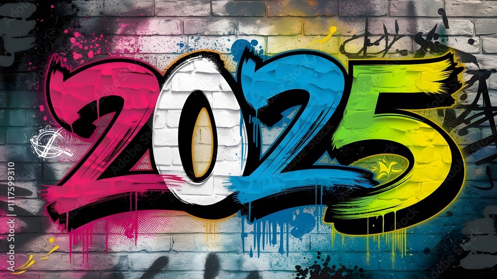 Bright Street Art for New Year 2025 with Bold Graffiti Numbers on a ...