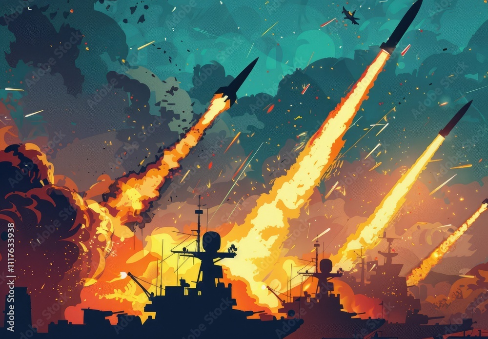 Launching missiles from a military vessel at enemy targets. in dramatic ...