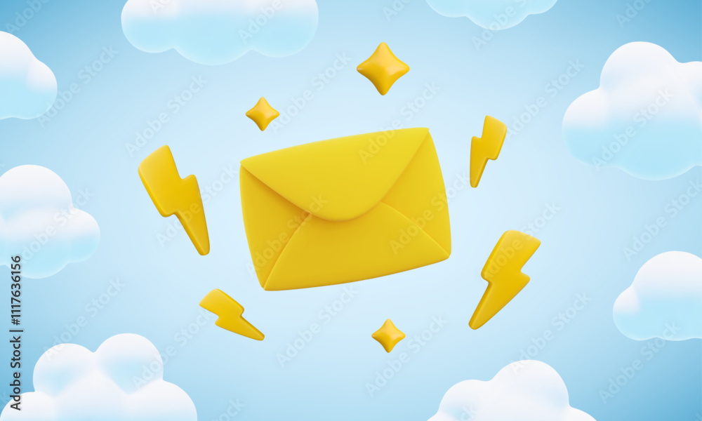 Vector cartoon 3d fast mail concept. Realistic 3d render flying yellow ...