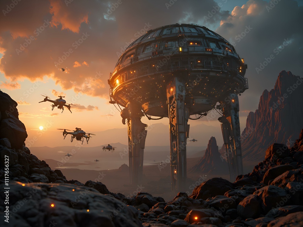 Futuristic colony with drones at sunset over rocky landscape, digital ...