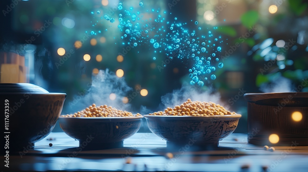 Zen garden with traditional natto fermentation process, Japanese ...