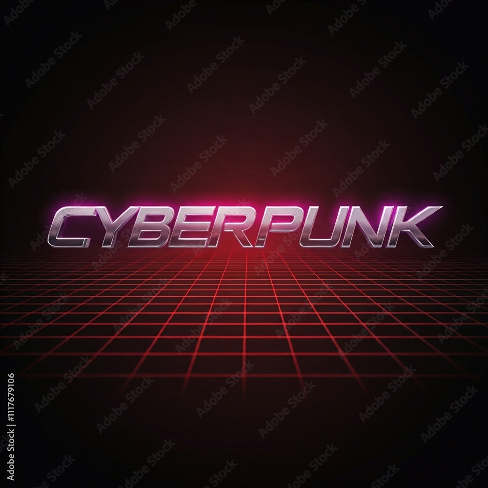 1980s cyberpunk background, silver metal letters above the red laser ...