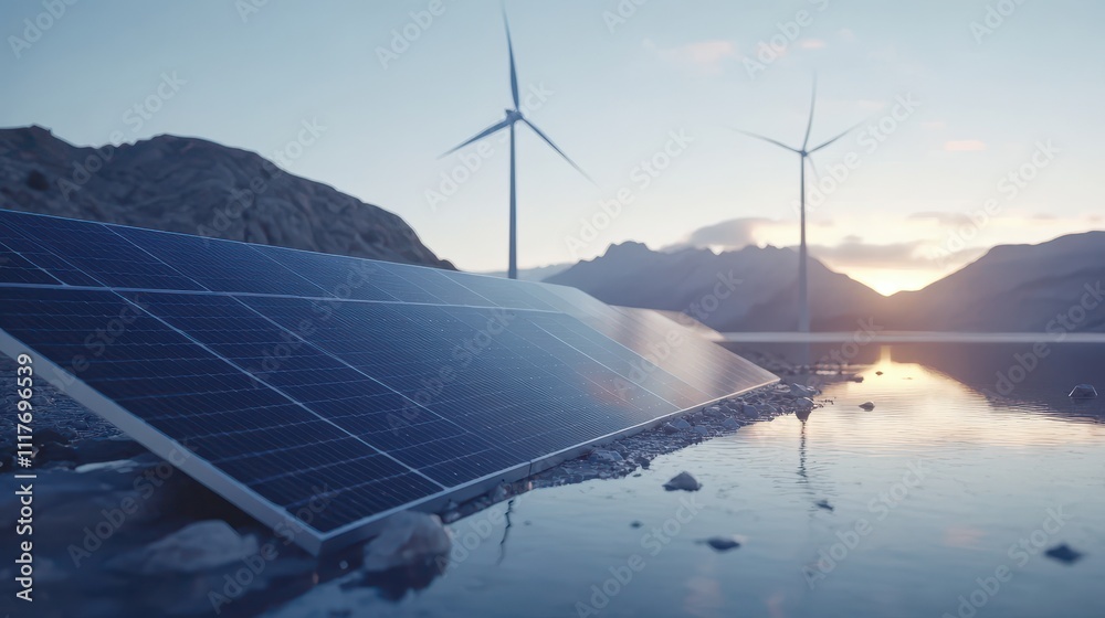 Solar panels by a lake with wind turbines. Illustrates renewable energy ...