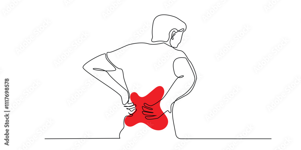 continuous line drawing of back pain.one line drawing of an adult man ...
