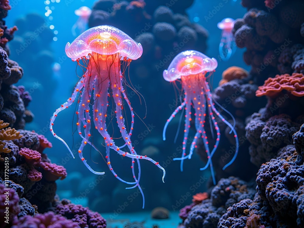 Graceful jellyfish dancing among vibrant coral reefs under a mysterious ...