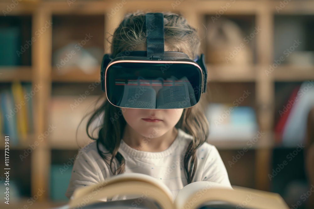 Young Girl Engaged in Virtual Reality Experience While Reading a Book, Showcasing the Blend of ...