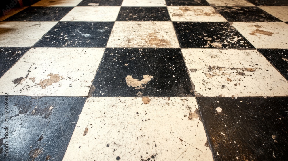 Close-up of worn, distressed black-and-white checkered tiles ...