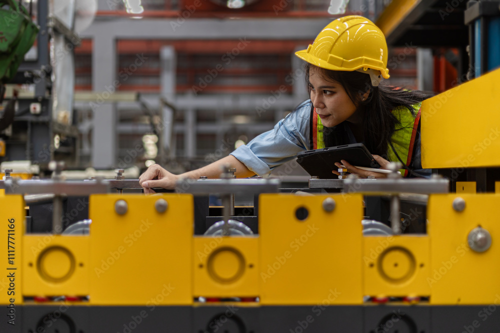 Female mechanical engineer in safety suit checking or inspecting a ...