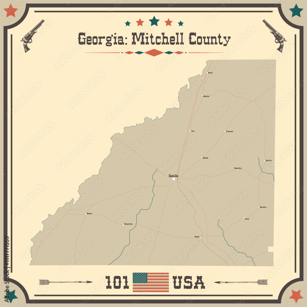 Large and accurate map of Mitchell County, Georgia, USA with vintage ...