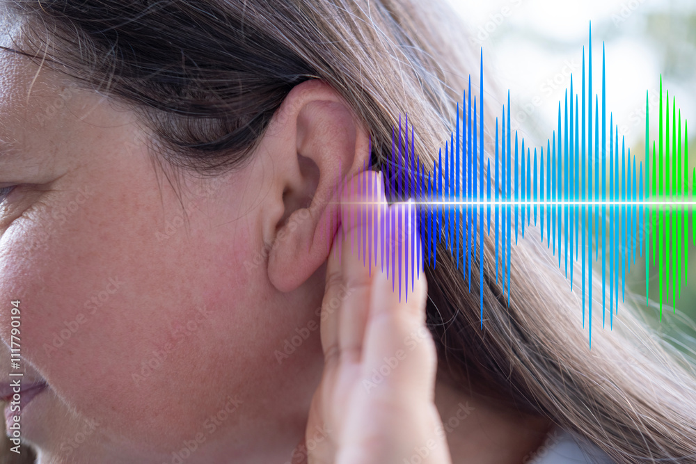 mature woman ear closeup listening, sound wave, acoustics Auditory ...